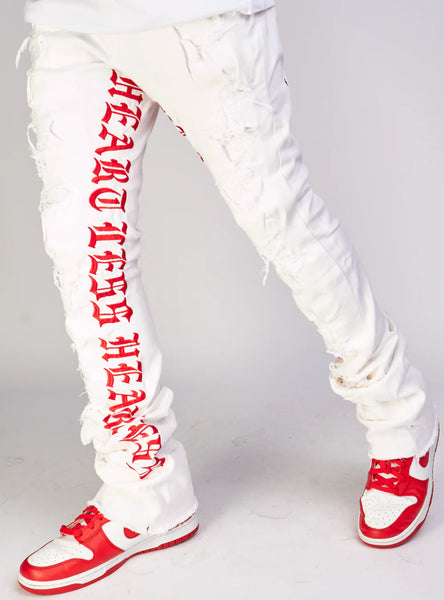 "Heartless" Stacked Denim - White/Red – Focus Jeans